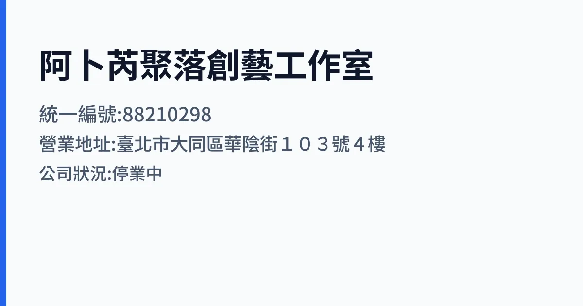 阿卜芮聚落創藝工作室 - 統編 88210298(臺北市) 公司登記資料與營業項目詳細圖表