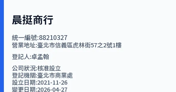 晨挺商行的照片-統編 88210327(臺北市) 公司登記資料與營業項目詳細圖表