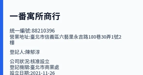一番寓所商行的照片-統編 88210396(臺北市) 公司登記資料與營業項目詳細圖表