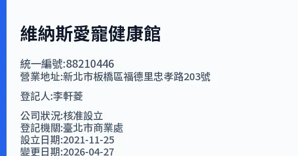 維納斯愛寵健康館的照片-統編 88210446(新北市) 公司登記資料與營業項目詳細圖表