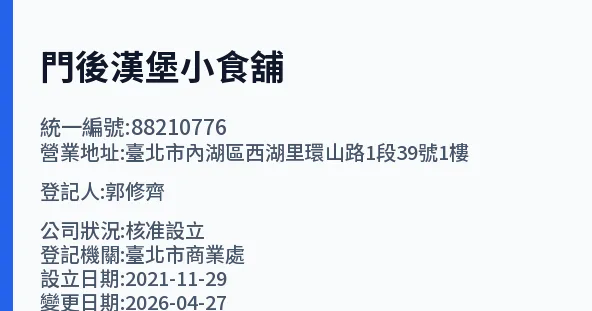 門後漢堡小食舖的照片-統編 88210776(臺北市) 公司登記資料與營業項目詳細圖表