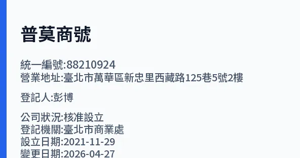 普莫商號的照片-統編 88210924(臺北市) 公司登記資料與營業項目詳細圖表