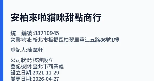 安柏來啦貓咪甜點商行的照片-統編 88210945(新北市) 公司登記資料與營業項目詳細圖表