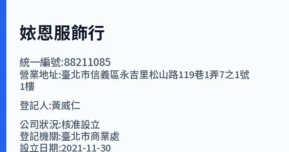 㛄恩服飾行的照片-統編 88211085(臺北市) 公司登記資料與營業項目詳細圖表