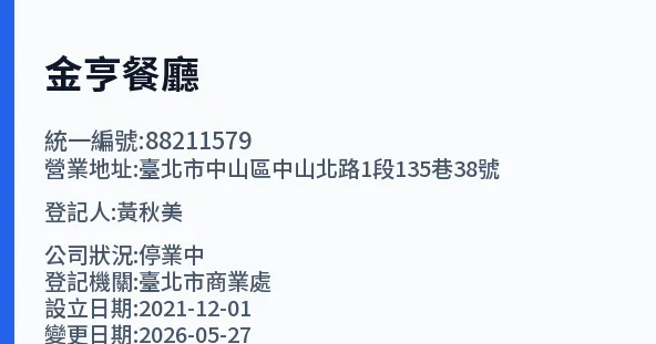 金亨餐廳的照片-統編 88211579(臺北市) 公司登記資料與營業項目詳細圖表