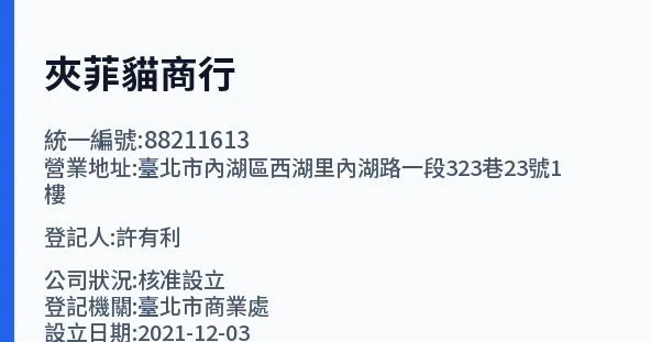 夾菲貓商行的照片-統編 88211613(臺北市) 公司登記資料與營業項目詳細圖表