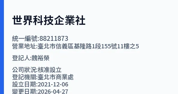 世界科技企業社的照片-統編 88211873(臺北市) 公司登記資料與營業項目詳細圖表