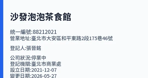 沙發泡泡茶食館的照片-統編 88212021(臺北市) 公司登記資料與營業項目詳細圖表