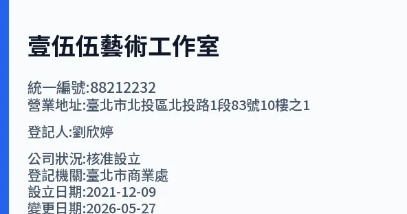 壹伍伍藝術工作室的照片-統編 88212232(臺北市) 公司登記資料與營業項目詳細圖表