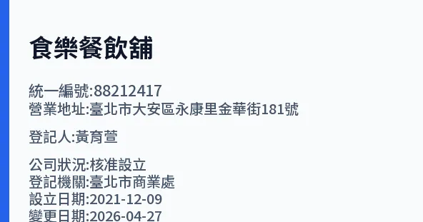 食樂餐飲舖的照片-統編 88212417(臺北市) 公司登記資料與營業項目詳細圖表