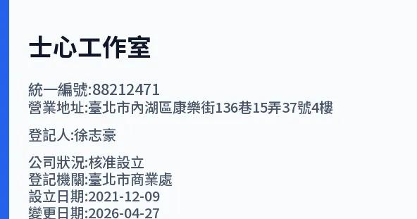 士心工作室的照片-統編 88212471(臺北市) 公司登記資料與營業項目詳細圖表