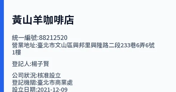 黃山羊咖啡店的照片-統編 88212520(臺北市) 公司登記資料與營業項目詳細圖表