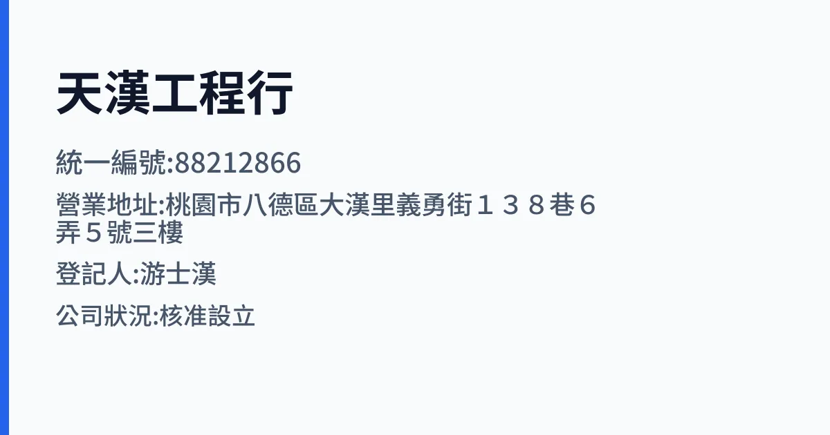 天漢工程行 - 統編 88212866(桃園市) 公司登記資料與營業項目詳細圖表