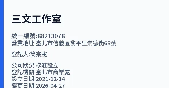 三文工作室的照片-統編 88213078(臺北市) 公司登記資料與營業項目詳細圖表