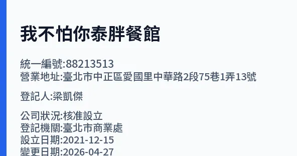 我不怕你泰胖餐館的照片-統編 88213513(臺北市) 公司登記資料與營業項目詳細圖表