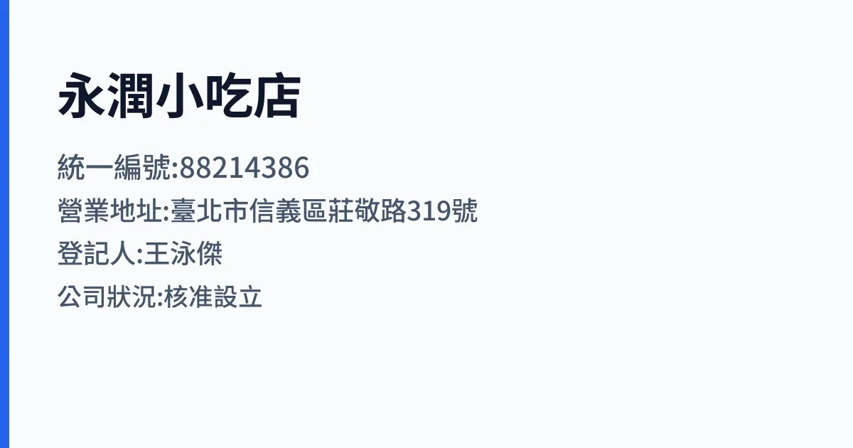 永潤小吃店 - 統編 88214386(臺北市) 公司登記資料與營業項目詳細圖表