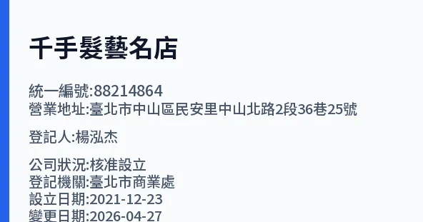 千手髮藝名店的照片-統編 88214864(臺北市) 公司登記資料與營業項目詳細圖表