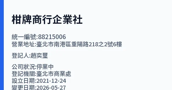 柑牌商行企業社的照片-統編 88215006(臺北市) 公司登記資料與營業項目詳細圖表