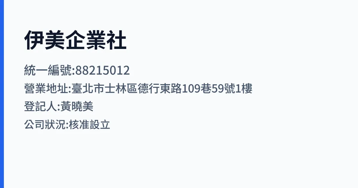 伊美企業社 - 統編 88215012(臺北市) 公司登記資料與營業項目詳細圖表