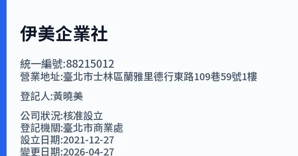 伊美企業社的照片-統編 88215012(臺北市) 公司登記資料與營業項目詳細圖表