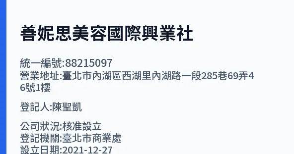 善妮思美容國際興業社的照片-統編 88215097(臺北市) 公司登記資料與營業項目詳細圖表
