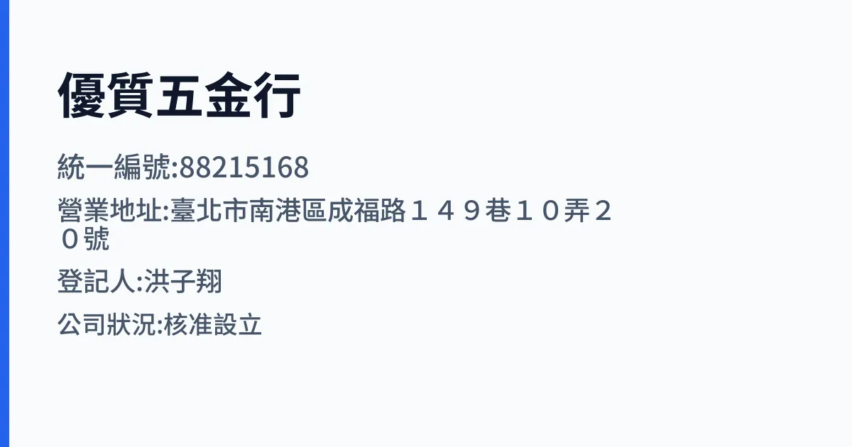 優質五金行 - 統編 88215168(臺北市) 公司登記資料與營業項目詳細圖表