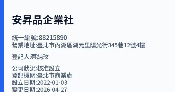 安昇品企業社的照片-統編 88215890(臺北市) 公司登記資料與營業項目詳細圖表