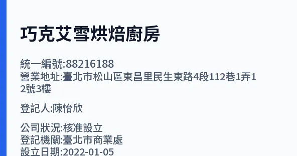 巧克艾雪烘焙廚房的照片-統編 88216188(臺北市) 公司登記資料與營業項目詳細圖表