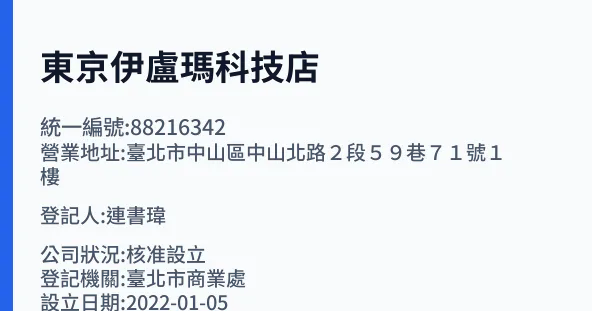 東京伊盧瑪科技店的照片-統編 88216342(臺北市) 公司登記資料與營業項目詳細圖表