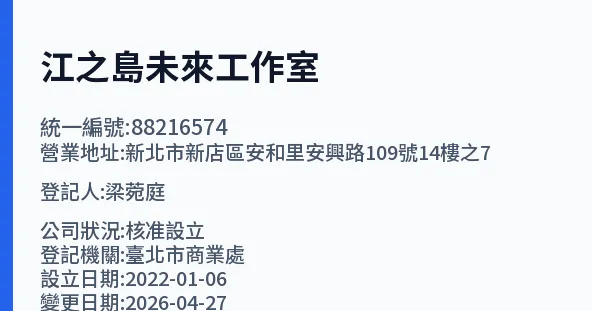 江之島未來工作室的照片-統編 88216574(新北市) 公司登記資料與營業項目詳細圖表