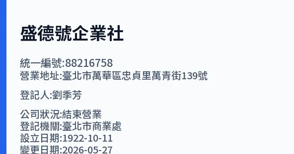 盛德號企業社的照片-統編 88216758(臺北市) 公司登記資料與營業項目詳細圖表