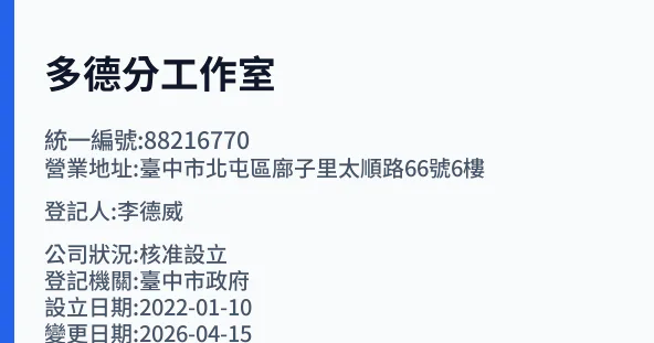 多德分工作室的照片-統編 88216770(臺北市) 公司登記資料與營業項目詳細圖表
