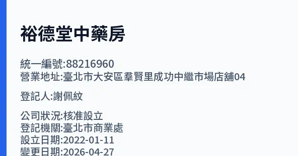 裕德堂中藥房的照片-統編 88216960(臺北市) 公司登記資料與營業項目詳細圖表