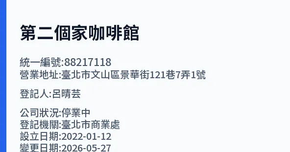 第二個家咖啡館的照片-統編 88217118(臺北市) 公司登記資料與營業項目詳細圖表