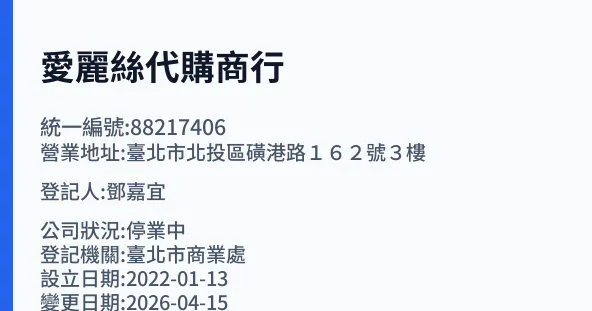 愛麗絲代購商行的照片-統編 88217406(臺北市) 公司登記資料與營業項目詳細圖表