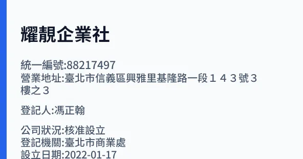 耀靚企業社的照片-統編 88217497(臺北市) 公司登記資料與營業項目詳細圖表