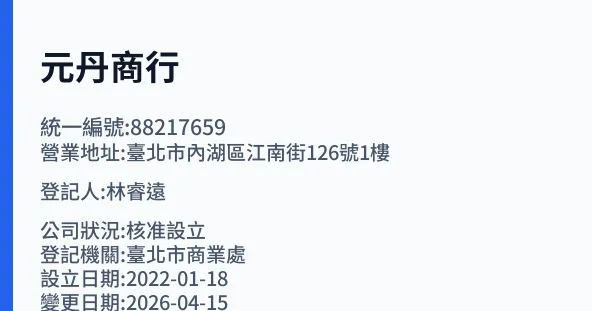 元丹商行的照片-統編 88217659(臺北市) 公司登記資料與營業項目詳細圖表