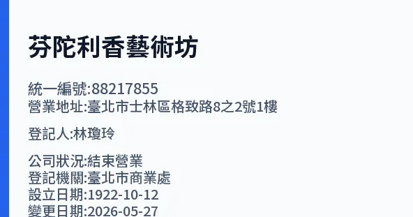 芬陀利香藝術坊的照片-統編 88217855(臺北市) 公司登記資料與營業項目詳細圖表