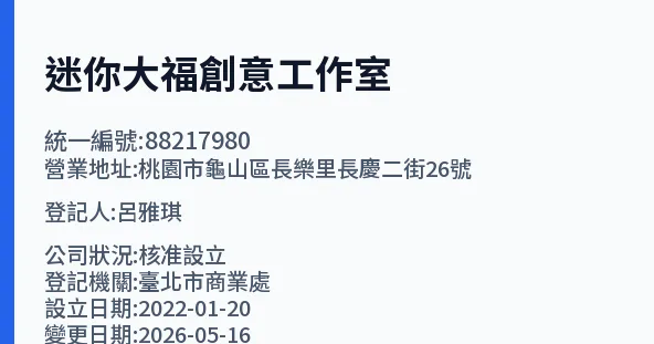 迷你大福創意工作室的照片-統編 88217980(桃園市) 公司登記資料與營業項目詳細圖表