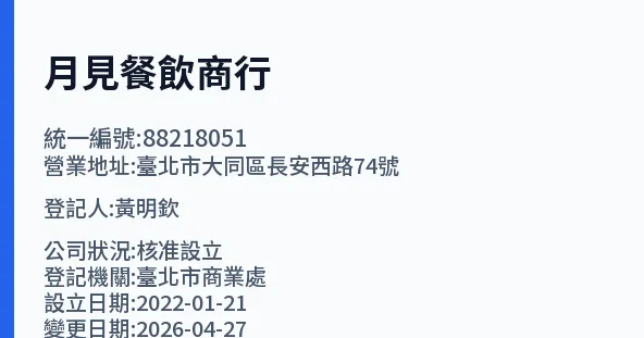 月見餐飲商行的照片-統編 88218051(臺北市) 公司登記資料與營業項目詳細圖表