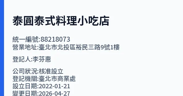 泰圓泰式料理小吃店的照片-統編 88218073(臺北市) 公司登記資料與營業項目詳細圖表