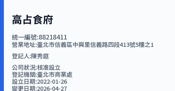高占食府的照片-統編 88218411(臺北市) 公司登記資料與營業項目詳細圖表