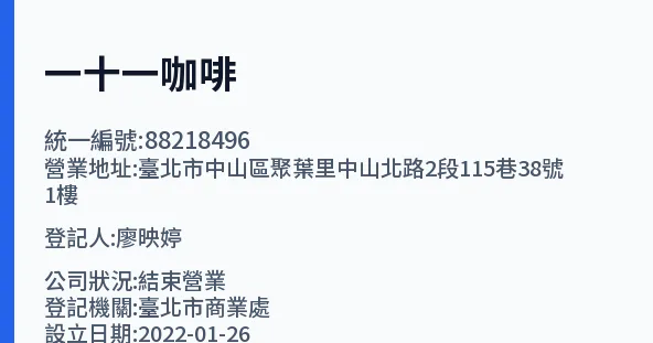 一十一咖啡的照片-統編 88218496(臺北市) 公司登記資料與營業項目詳細圖表