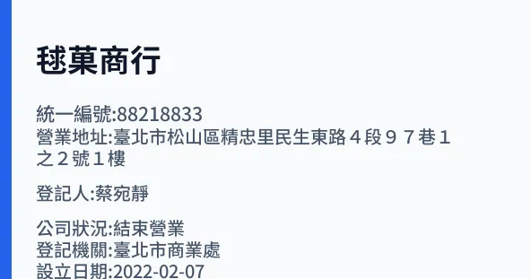 毬菓商行的照片-統編 88218833(臺北市) 公司登記資料與營業項目詳細圖表