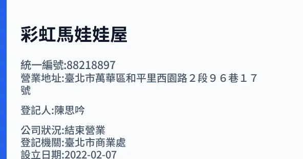 彩虹馬娃娃屋的照片-統編 88218897(臺北市) 公司登記資料與營業項目詳細圖表