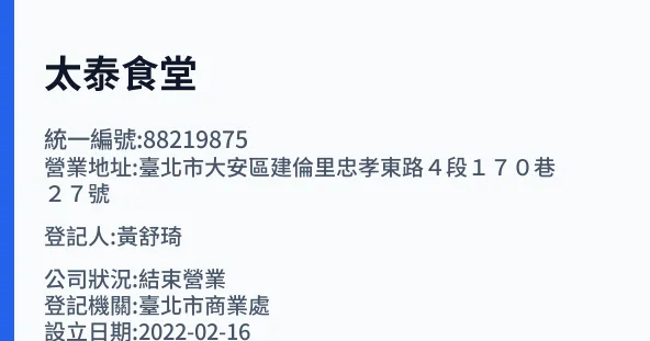太泰食堂的照片-統編 88219875(臺北市) 公司登記資料與營業項目詳細圖表