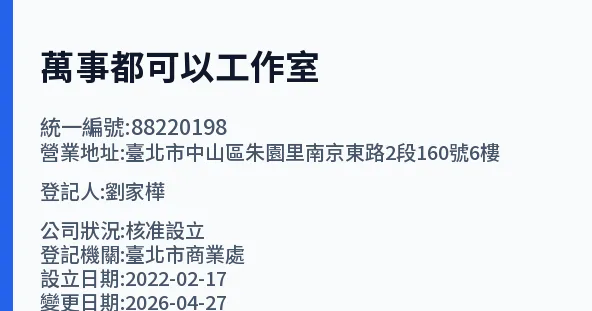 萬事都可以工作室的照片-統編 88220198(臺北市) 公司登記資料與營業項目詳細圖表
