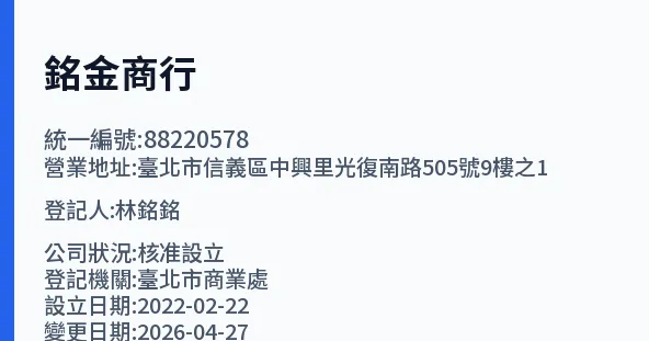 銘金商行的照片-統編 88220578(臺北市) 公司登記資料與營業項目詳細圖表