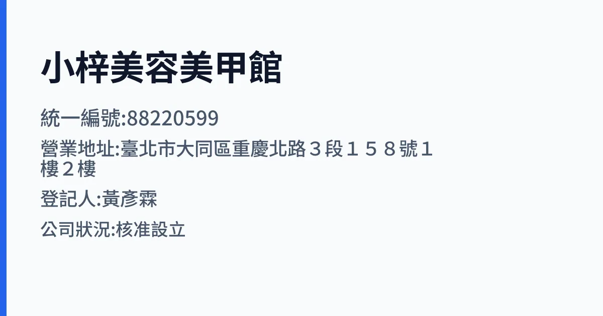 小梓美容美甲館 - 統編 88220599(臺北市) 公司登記資料與營業項目詳細圖表