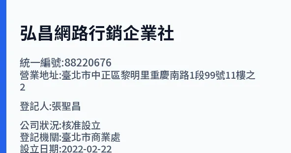 弘昌網路行銷企業社的照片-統編 88220676(臺北市) 公司登記資料與營業項目詳細圖表